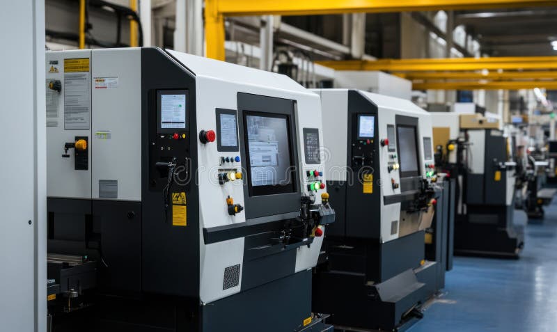 Row of Modern CNC Machines in an Industrial Manufacturing Facility ...