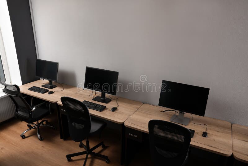 Row of Modern Computers in Open Space Office, Above View Stock Image ...