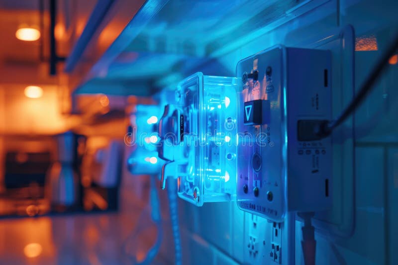A Row of Modern Electric Outlets with Blue Lights, Suitable for Use in ...