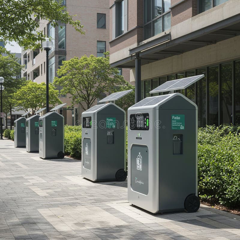 Row of Modern Garbage Bins Equipped with Solar Panels on a Paved ...