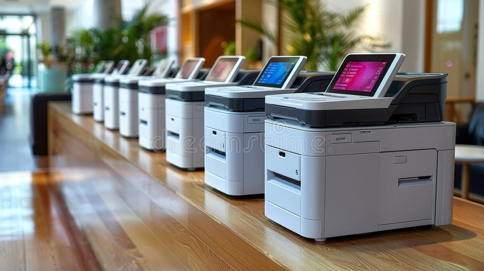 Row of Modern Printers in an Office Setting with Touchscreens Stock ...