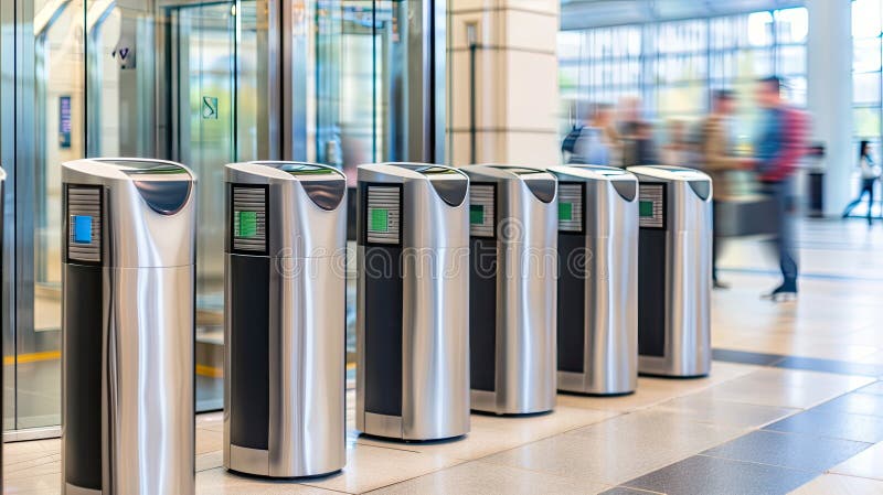 A Row of Modern Security Gates in a Transit Center, with Blurred ...