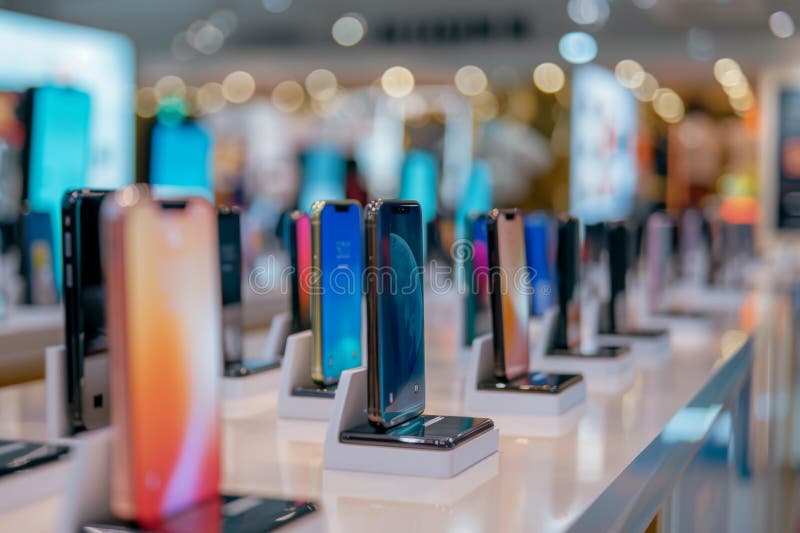 Row of Modern Smartphones on Display at Store Electronic Device Concept ...