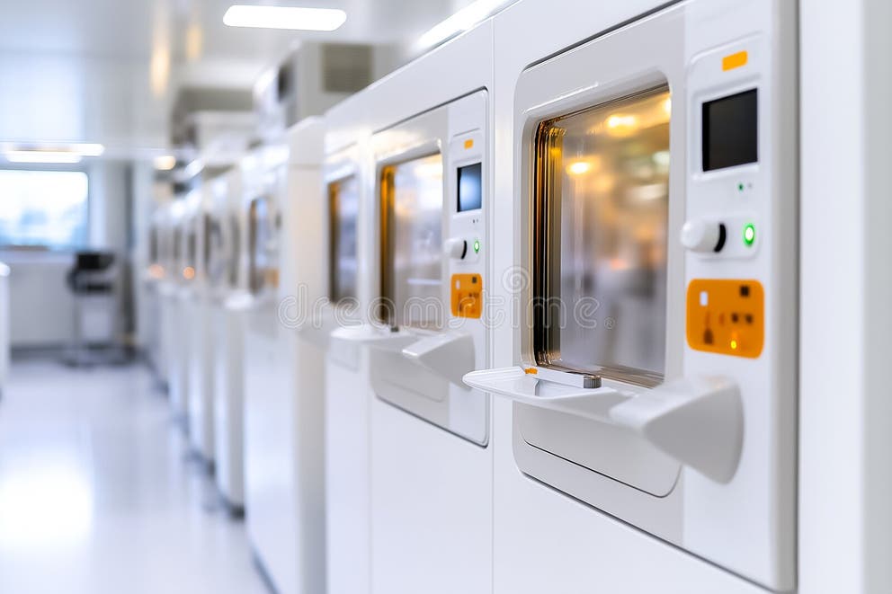 Row of Modern Washing Machines in a Bright Laundry Facility. Clean ...