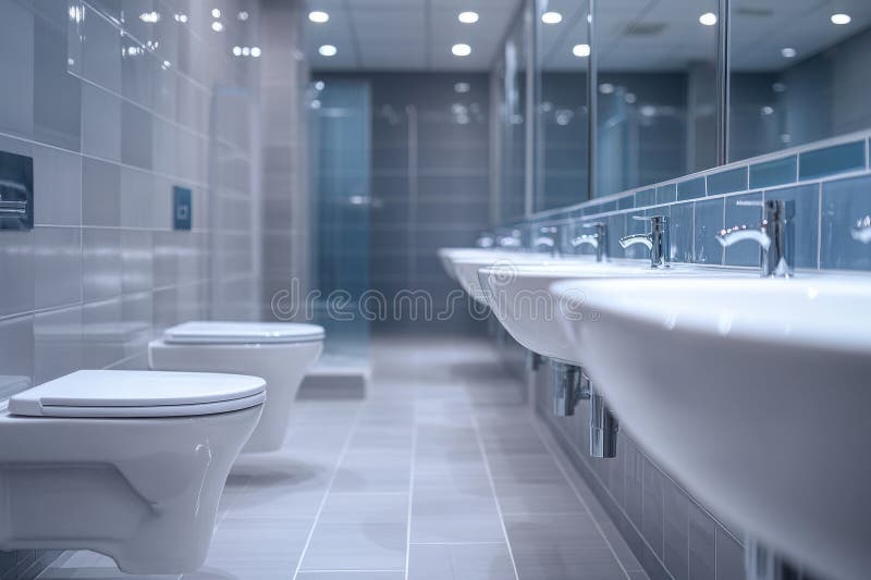 Row of Modern White Washbasins and Toilets in Public Bathroom Stock ...