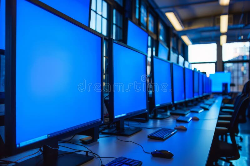 Row of Monitors Showing Blue Screen Error in a Modern it Office ...