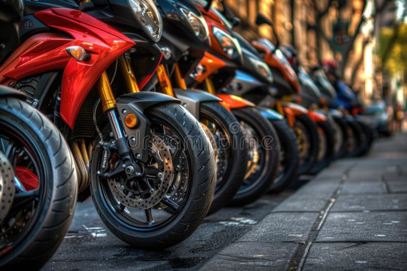 Row of Motorcycles Lined Up Together Stock Photo - Image of vehicles ...