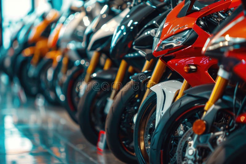 A Row of Motorcycles Parked Side by Side on a Road or Street Stock ...
