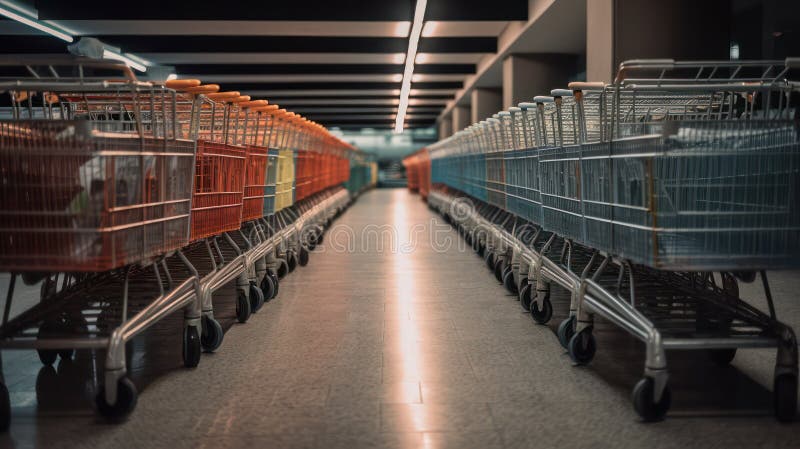 A Row of Multi-colored Carts Stands Inside the Store before the Opening ...