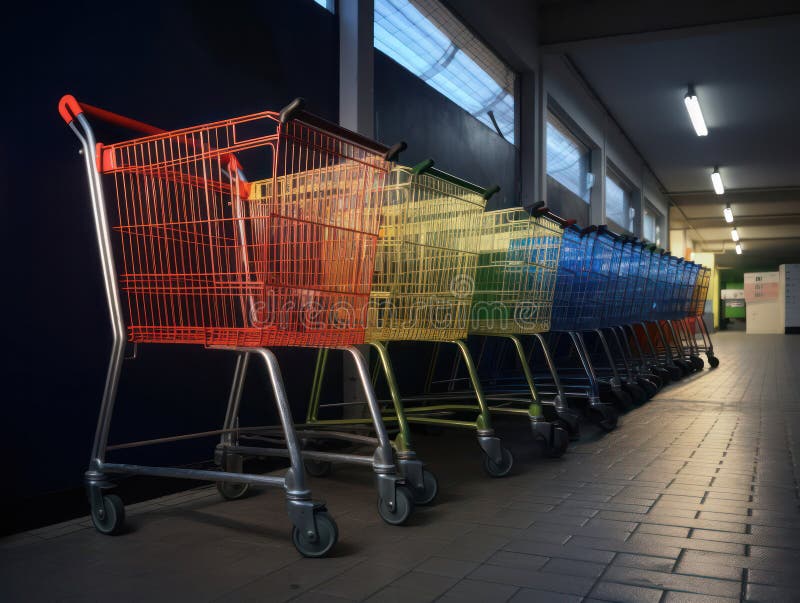 A Row of Multi-colored Carts Stands Inside the Store before the Opening ...