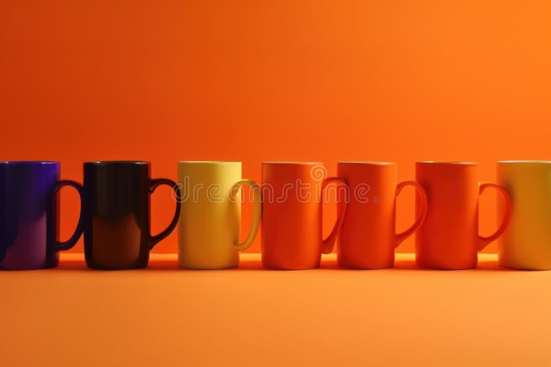 A Row of Multicolored Coffee Mugs on an Orange Background. AI ...