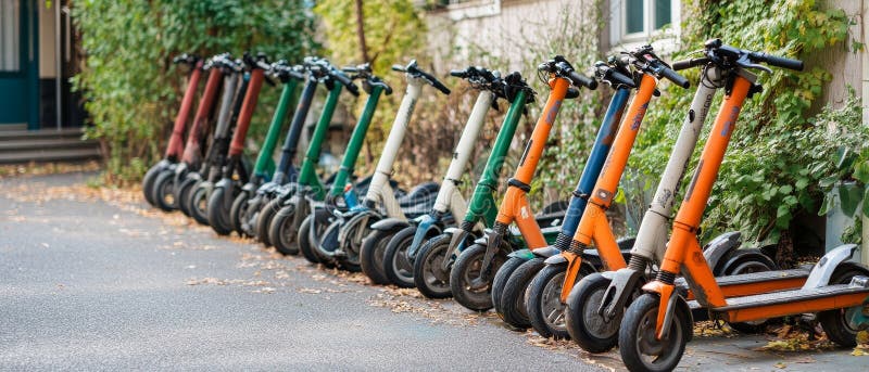 Row of Multicolored Electric Scooters Lined Up on Urban Sidewalk ...