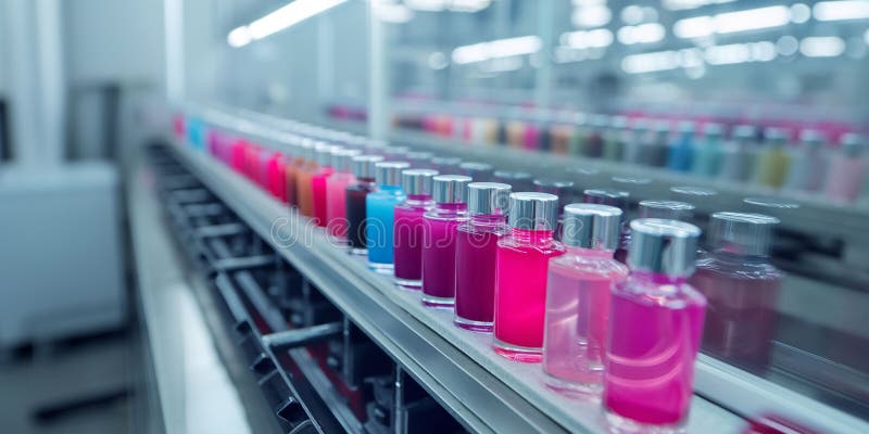 A Row of Multicolored Liquid Filled Bottles on an Assembly Line in a ...