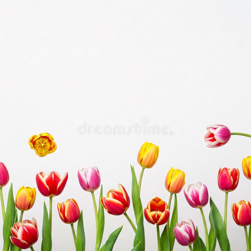 Row of Multicolored Tulips at the Bottom Isolated on a White Background ...