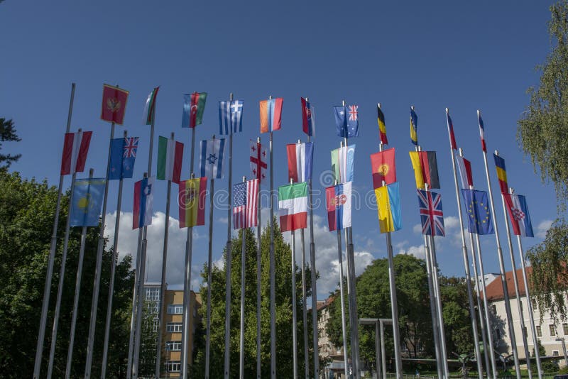 Row of National Flags. World Flags Blowing in the Wind Stock Photo ...