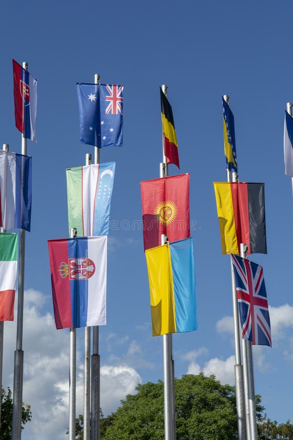 Row of National Flags. World Flags Blowing in the Wind Stock Image ...