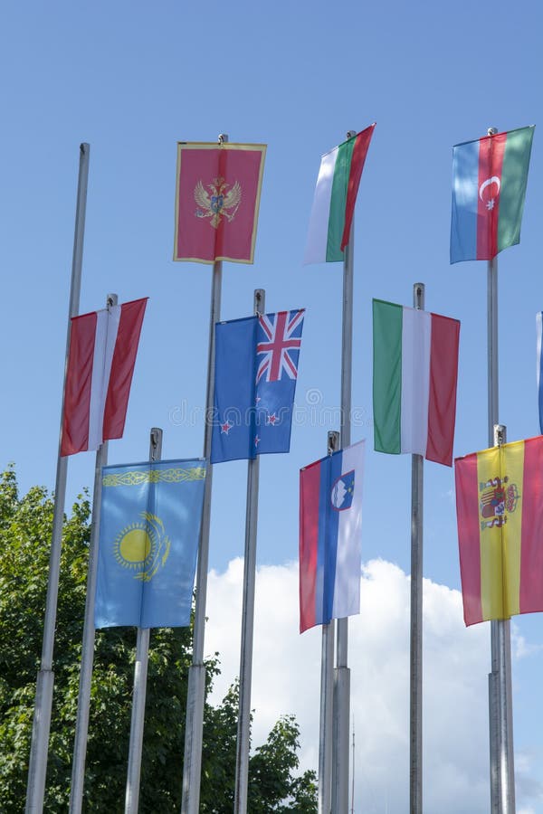 Row of National Flags. World Flags Blowing in the Wind Stock Image ...