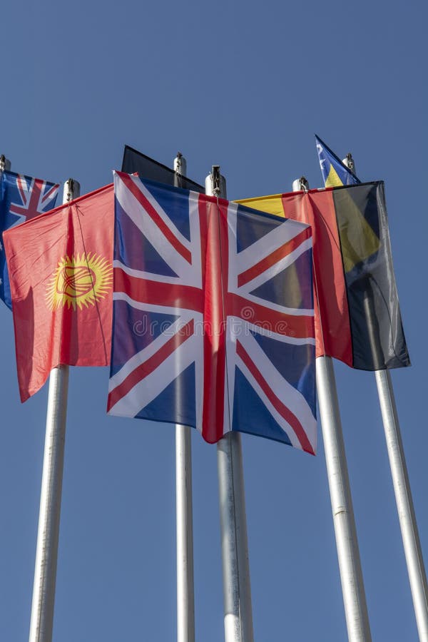 Row of National Flags. World Flags Blowing in the Wind Stock Image ...