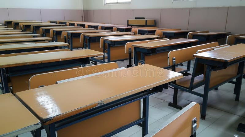 A Row of Neatly Arranged Desks in a Clean and Organized Classroom Stock ...