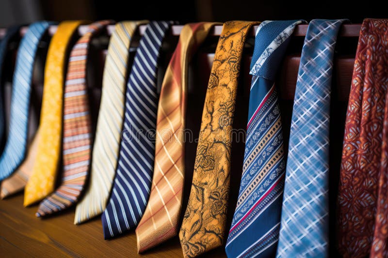 Row of Neatly Arranged Neckties in Different Patterns. Generative AI ...