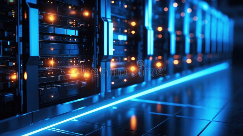 Row of Network Servers with Glowing LED Lights, a Scene of a Data ...