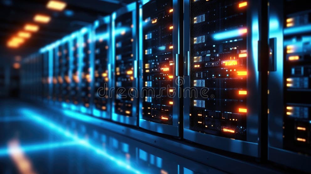 Row of Network Servers with Glowing LED Lights, a Scene of a Data ...
