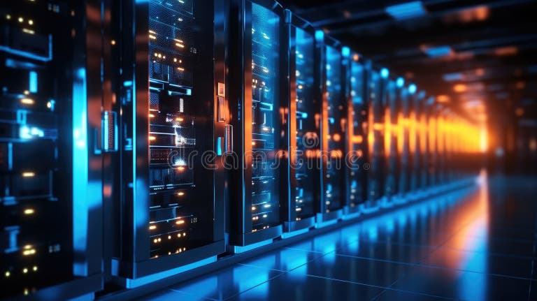 Row of Network Servers with Glowing LED Lights, a Scene of a Data ...