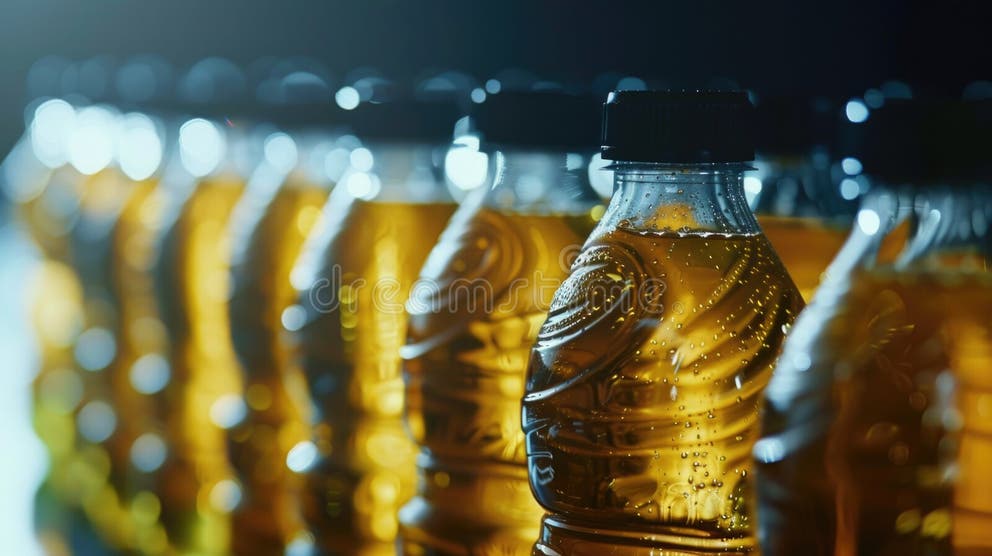 Row of Oil Bottles on Table, Suitable for Kitchen or Cooking Concepts ...