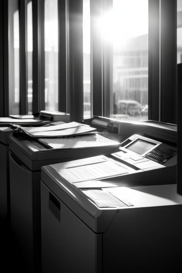 A Row of Old-fashioned Office Printers in Black and White Stock Photo ...
