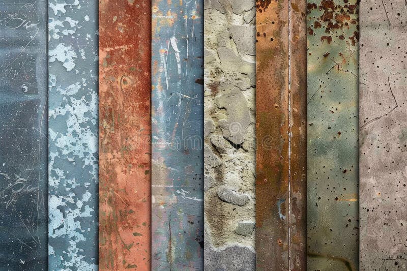 A Row of Old, Rusted Metal Panels with Various Colors and Textures ...
