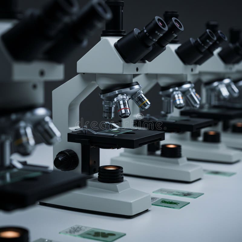 A Row of Optical Microscopes with Multiple Lenses Focuses on Prepared ...