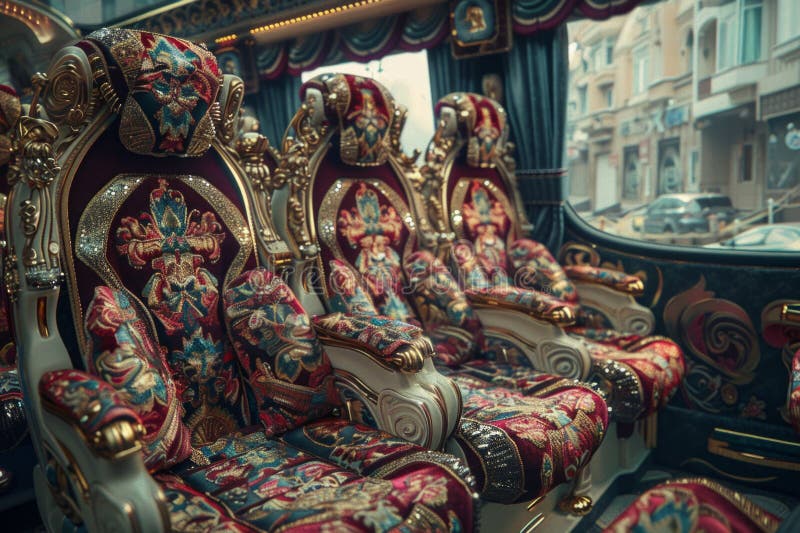 Row of Opulently Decorated Seats Inside a Luxurious Train Carriage ...