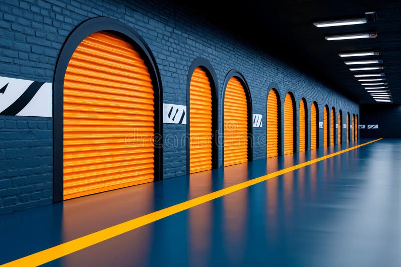 A Row of Orange and Blue Storage Units in a Warehouse Stock Photo ...