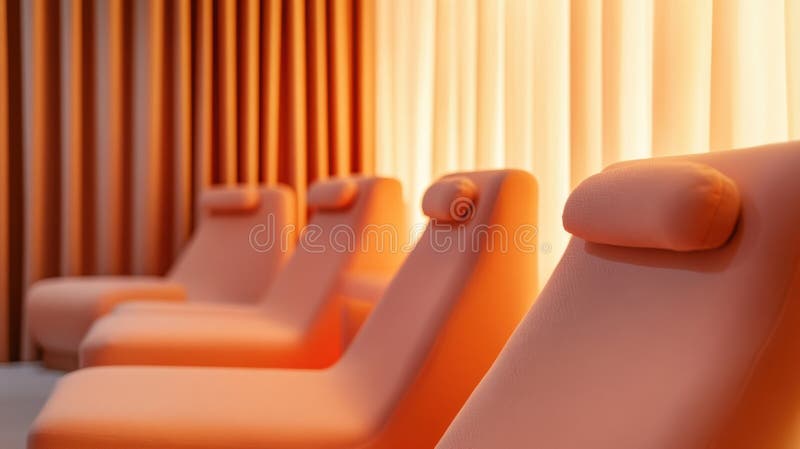 Row of Orange Lounge Chairs in Sunlit Room Capturing Modern Design ...
