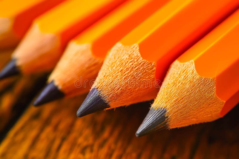 Row of Orange Pencils with One Sharpened Pencil. Leadership Standing ...