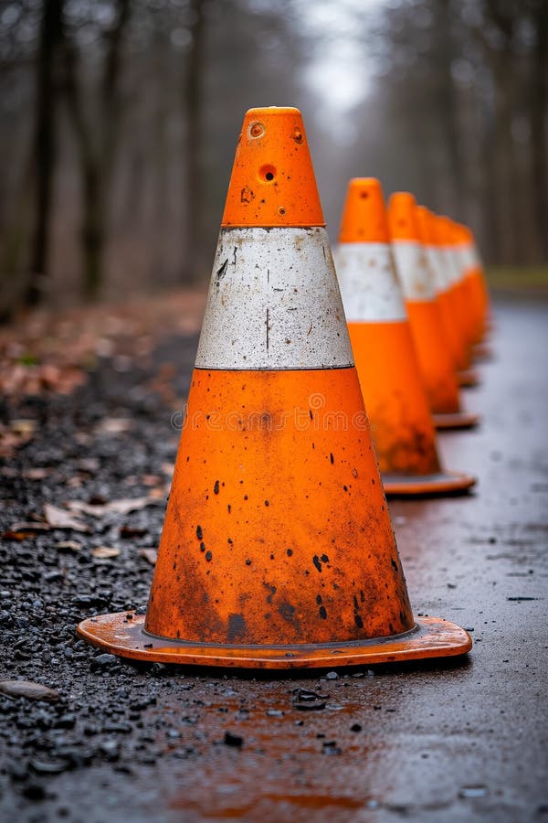 A Row of Orange Traffic Cones Sitting on the Side of a Road Stock Image ...