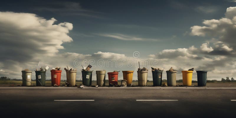 Row Of Overflowing Garbage Bins Under Ominous Sky Generative Ai Stock Illustration