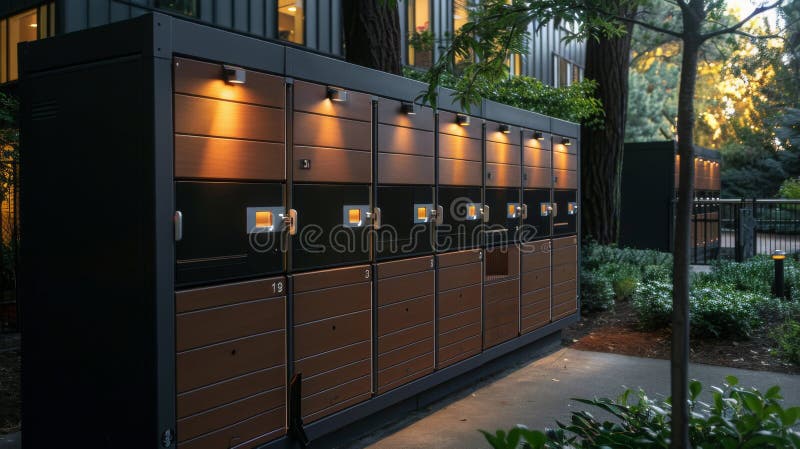 Illuminated Package Lockers at Night Stock Image - Image of secure ...