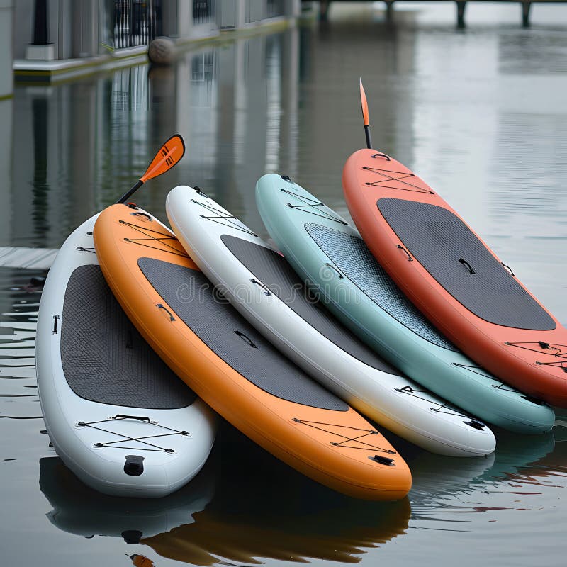 Row of Paddle Boards Float in the Water, Ready for Recreation Stock ...