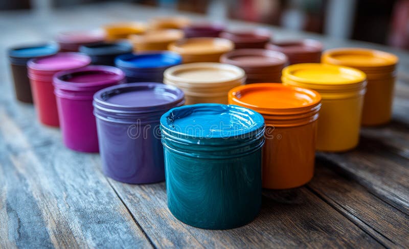 A Row of Paint Cans with Different Colors on a Wooden Table Stock Photo ...