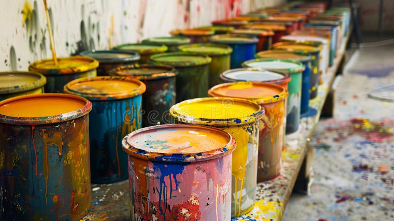 A Row of Paint Cans in a Studio Stock Photo - Image of draw, painting ...
