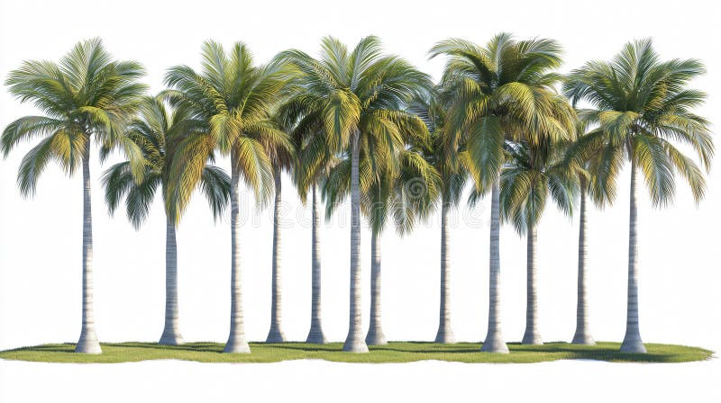 Row of Palm Trees Growing on Grass Patch with White Background Stock ...