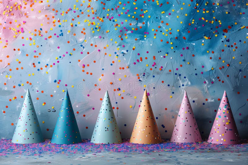 Row of Party Hats with Confetti on the Ground for Birthday Stock ...