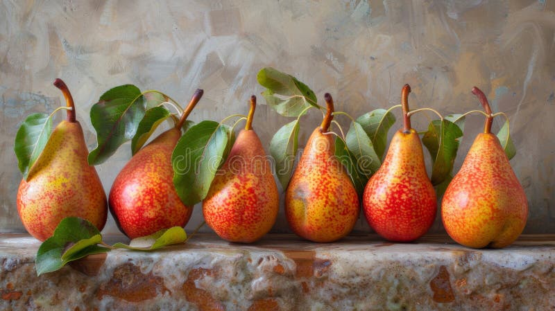 A Row of Pears with Leaves on Them are Lined Up, AI Stock Photo - Image ...