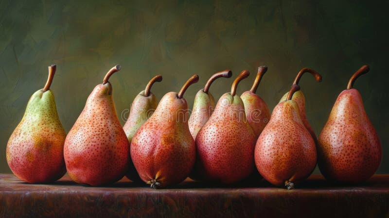 A Row of Pears are Lined Up on a Table in Front of the Wall, AI Stock ...