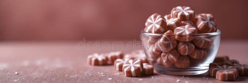 Row of Peppermint Candies in a Glass Container on a Table, Sweets, Red ...