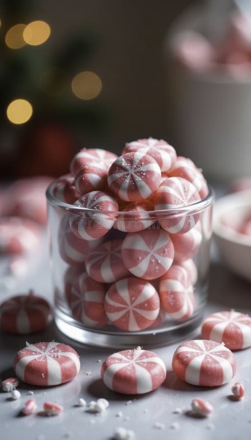 Row of Peppermint Candies in a Glass Container on a Table, Treats ...