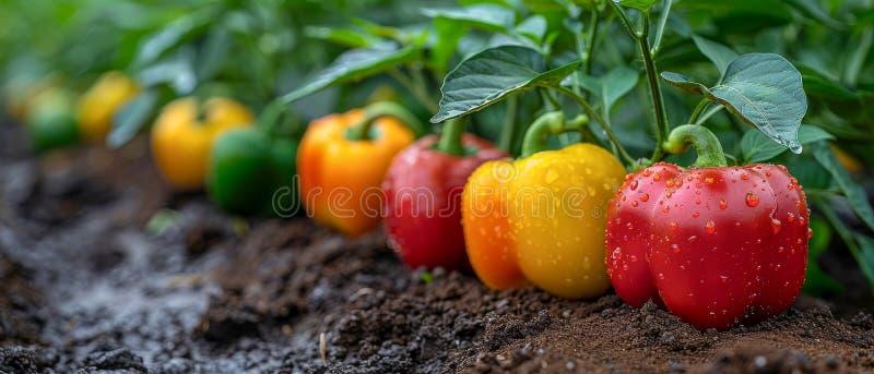 A Row of Peppers are Growing in a Garden Stock Illustration ...