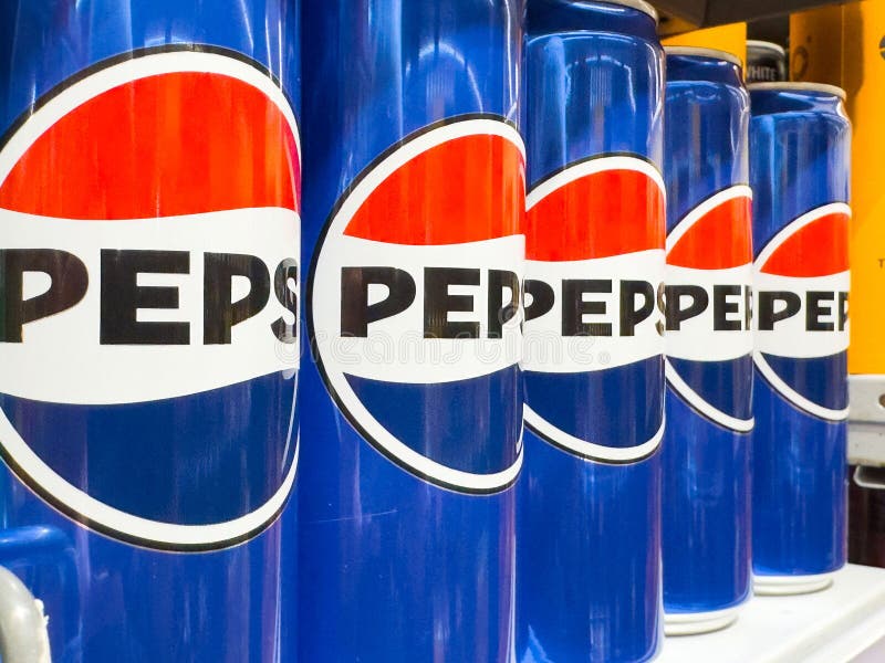 Row of Pepsi Cans in Blue Red and White Logo Display on Shelf Editorial ...