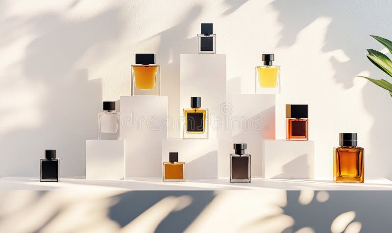 A Row of Perfume Bottles are Displayed on a White Pedestal Stock ...